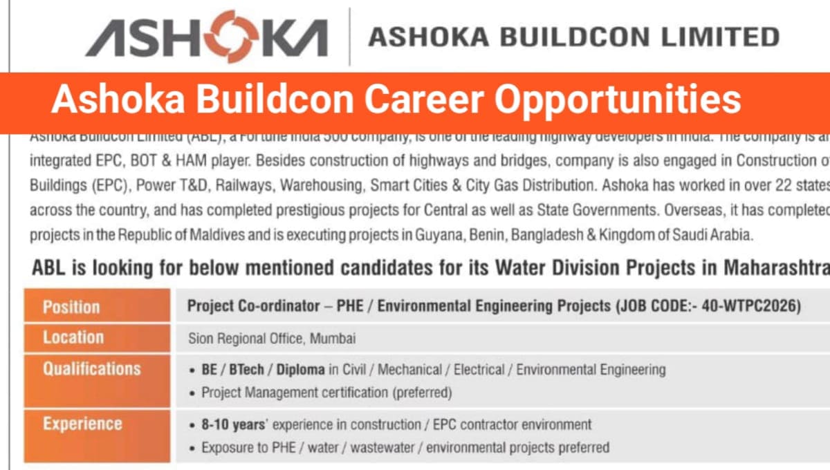 Ashoka Buildcon Limited Recruitment 2026 | Project Coordinator – Water ...